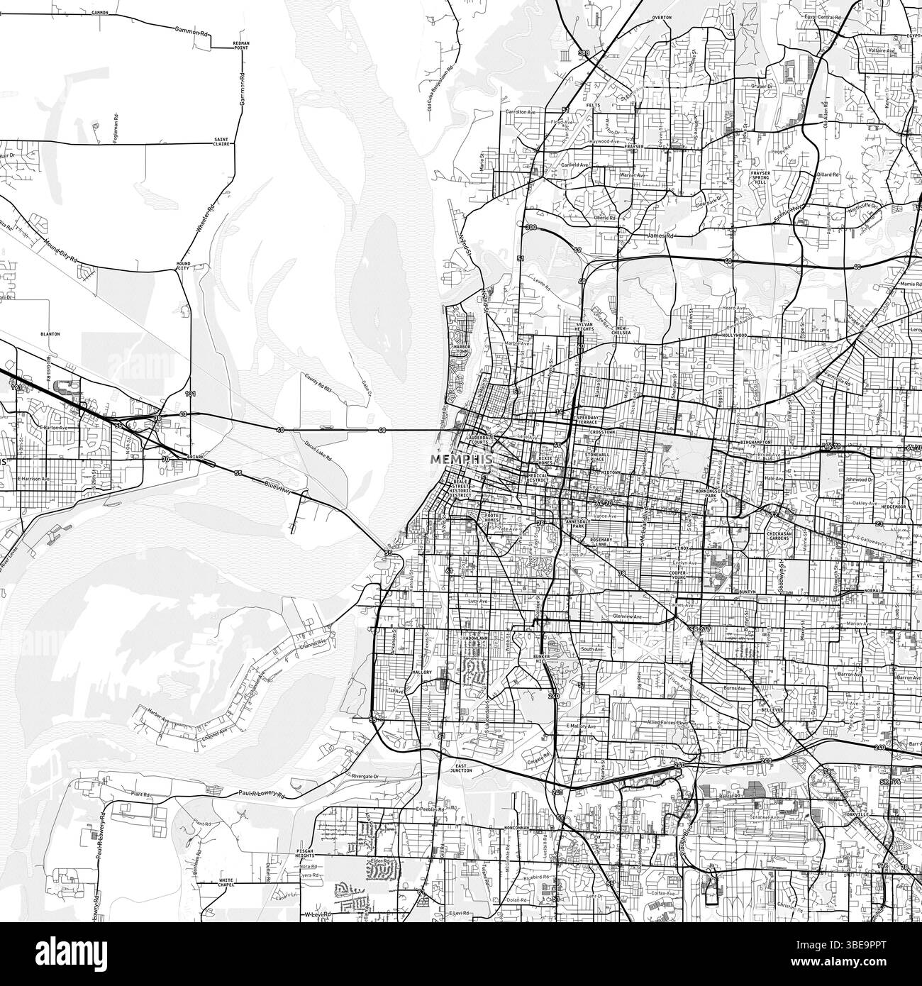Minimalist Memphis Area Map with Labels and Neighborhoods with many ...