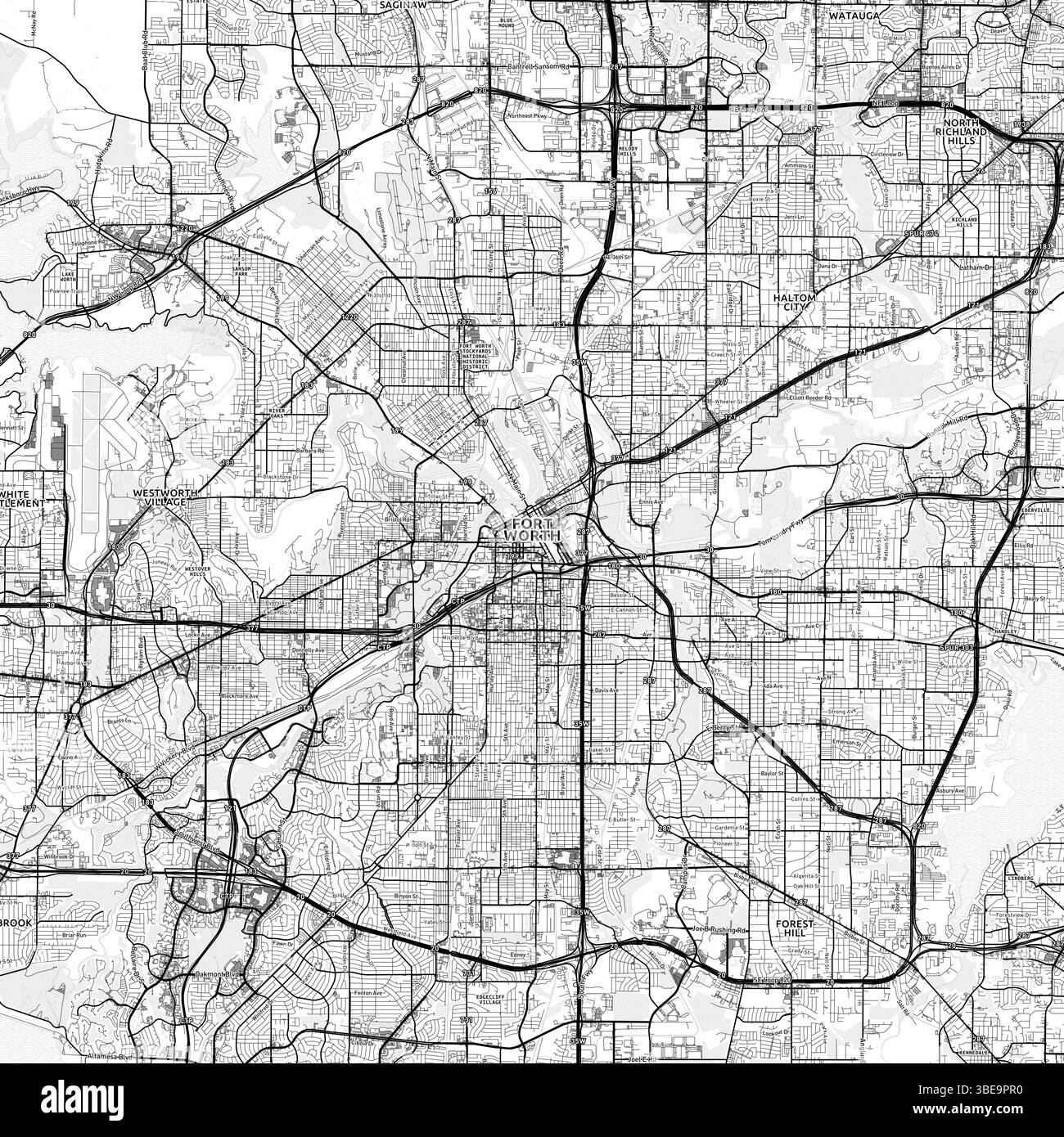 Minimalist Fort Worth Area Map with Labels and Neighborhoods with many ...