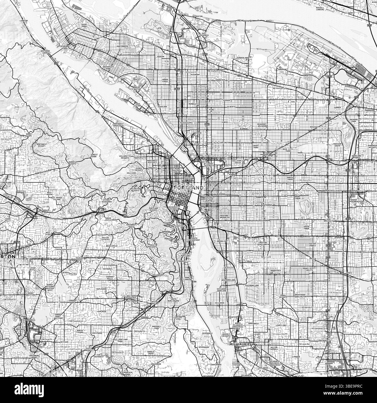 Minimalist Portland Area Map with Labels and Neighborhoods with many ...