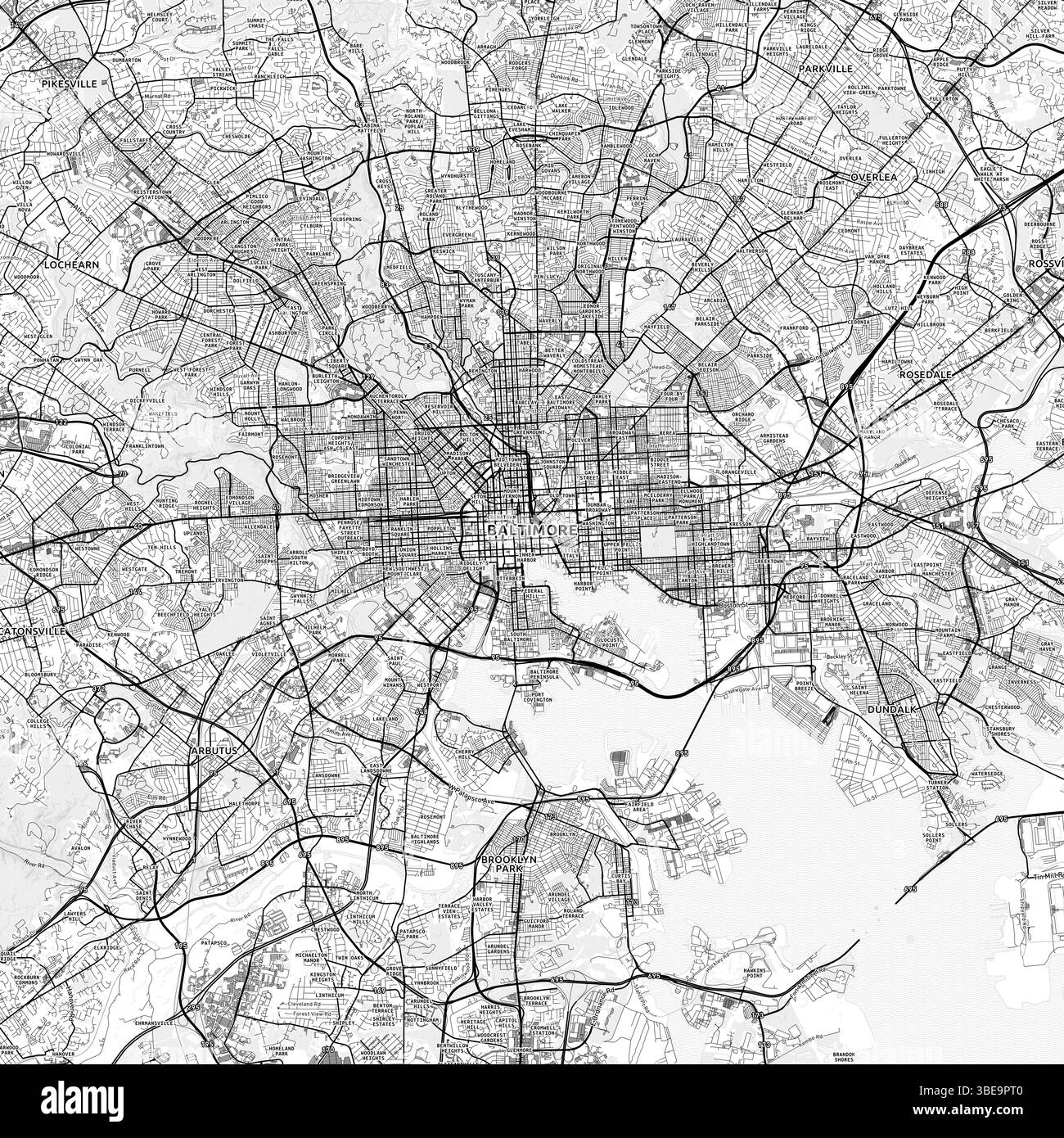 Minimalist Baltimore Area Map with Labels and Neighborhoods with many ...