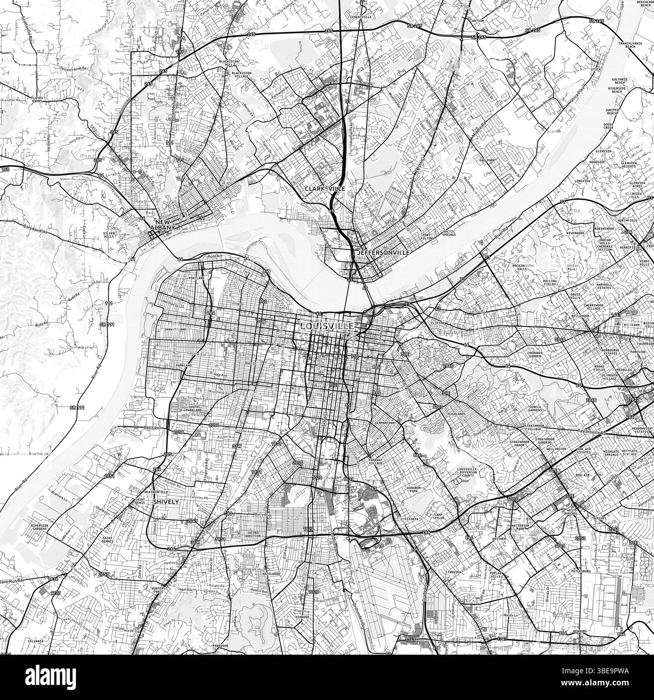 Minimalist Louisville Area Map with Labels and Neighborhoods with many ...