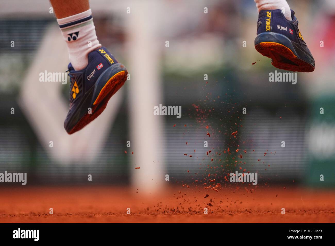 Norway's Casper Ruud is airborne as he serves against Portugal's Nuno Borges during their second ...