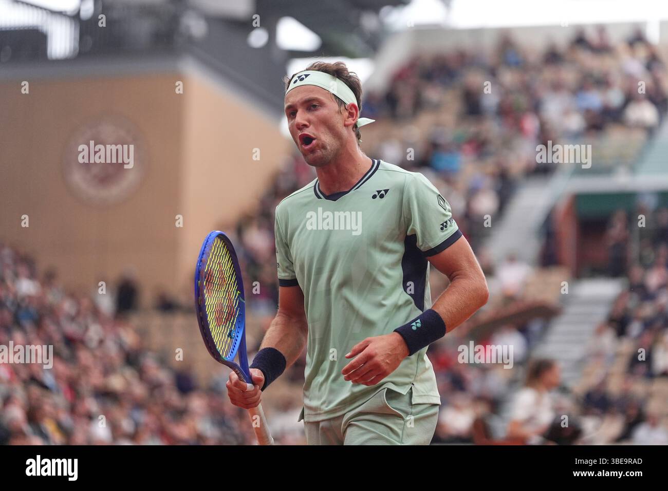 Norway's Casper Ruud reacts winning a point to Portugal's Nuno Borges during their second round ...