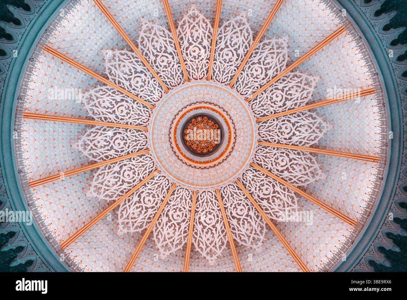 Intricate Islamic dome ceiling with radial symmetry, detailed arabesque ...