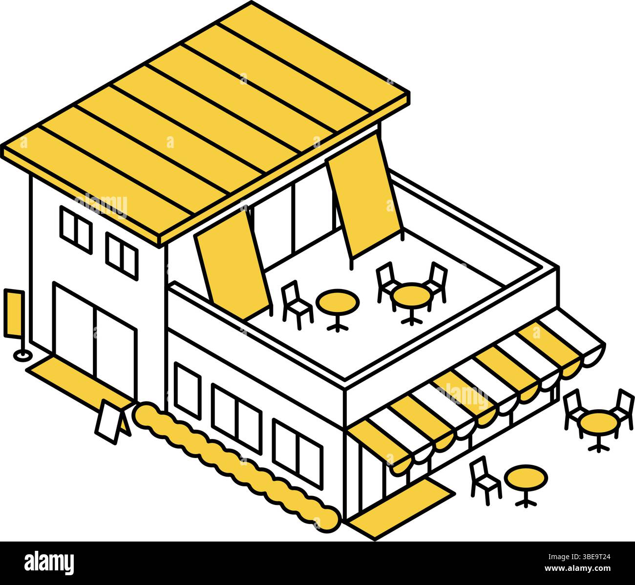 Isometric illustration of a cafe with rooftop terrace, simple line art ...
