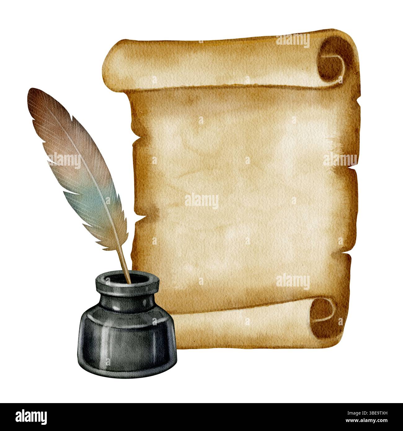 Old parchment scroll with inkwell and feather quill. Hand-painted drawing. Watercolor technique ...