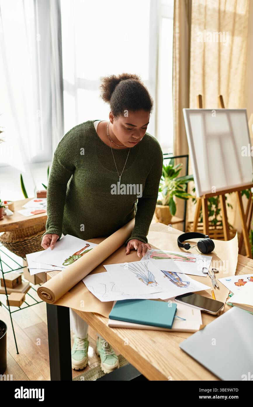 A beautiful woman engages in crafting activities at a well lit workshop ...