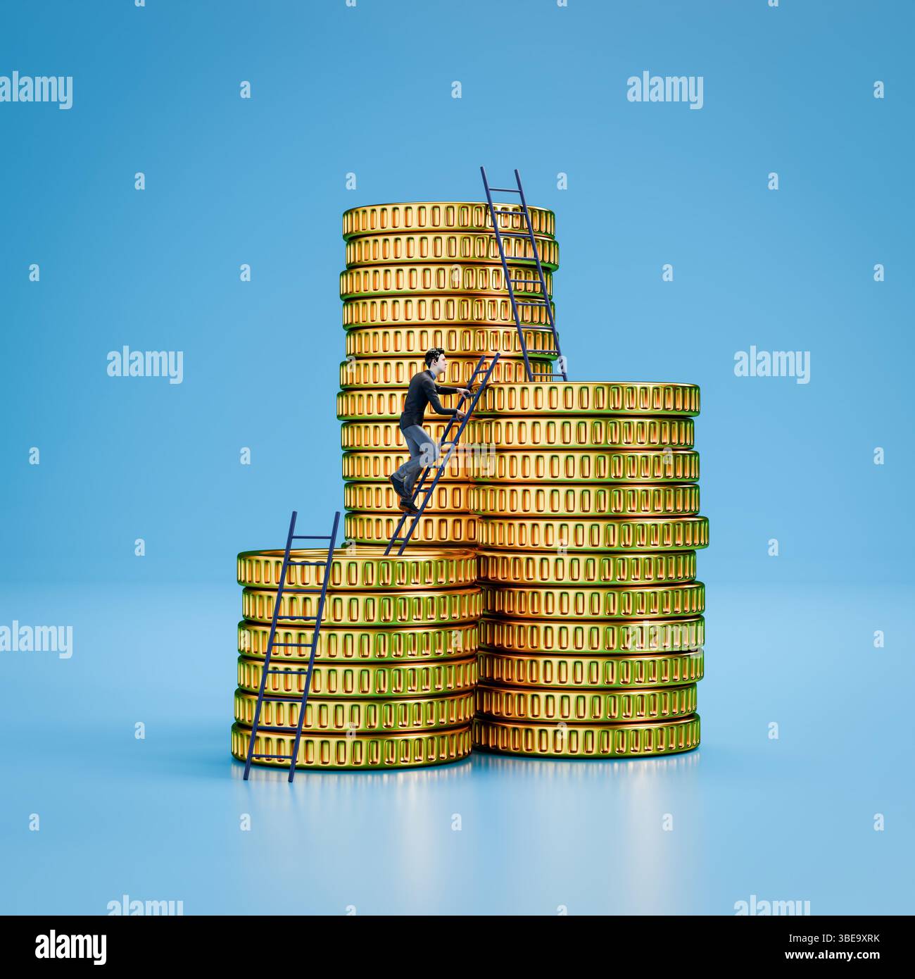 Success or career concept: Ladders leaning against stacks of golden ...