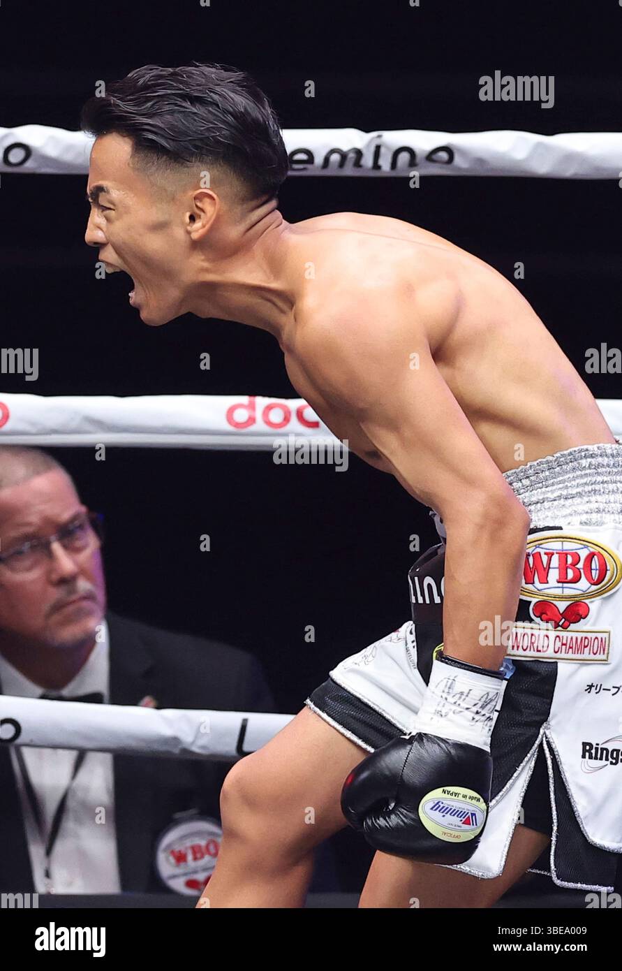 Yoshiki Takei of Japan reacts after defeating Yuttapong Thongdei of Thailand by TKO in the 1st ...