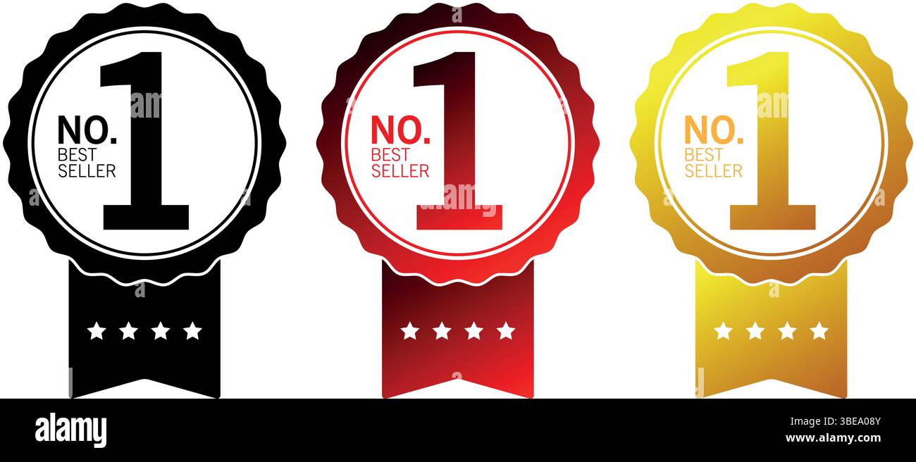 Three no.1 best seller award ribbon badges in black, red, and gold with ...