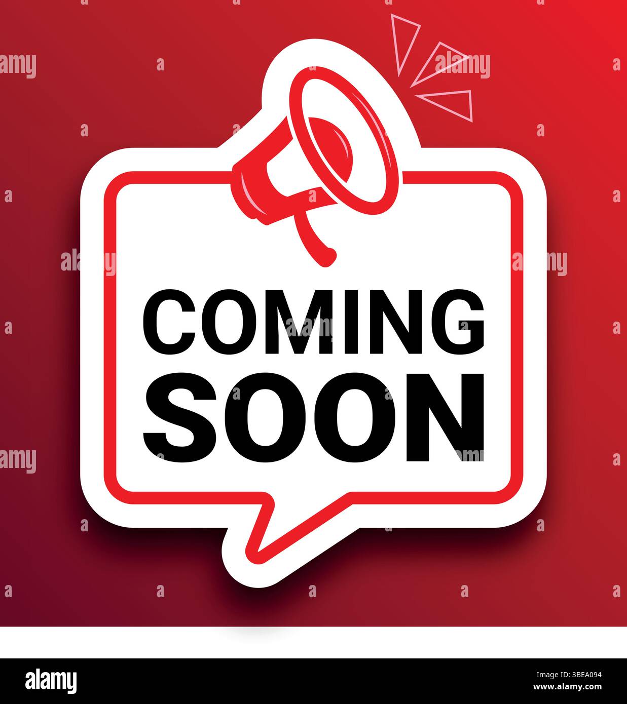 red and white coming soon message icon with megaphone in speech bubble ...