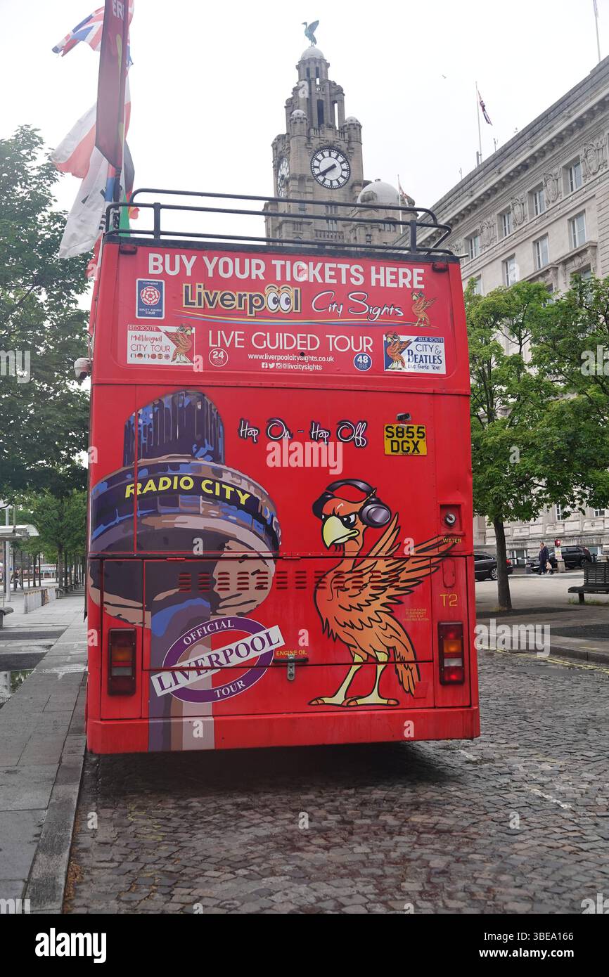 Liverpool City Sights open-top tour bus at the Pier Head, promoting hop ...