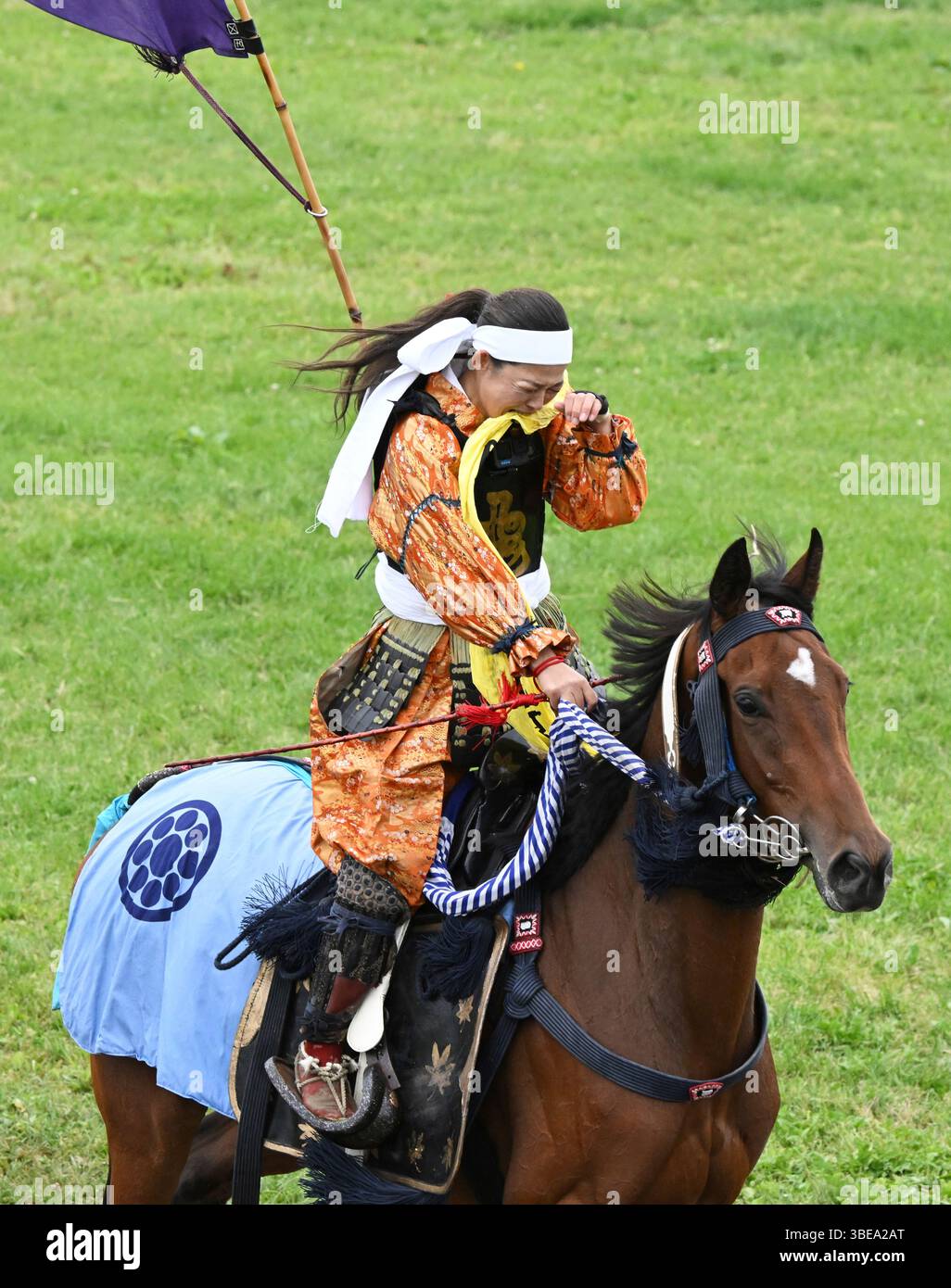 Miwa Hosokawa of Samurai horseback riders clad in armor sheds tears ...