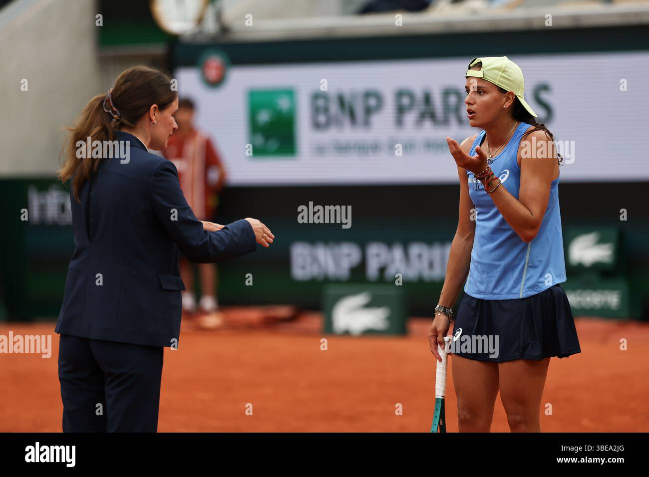 Paris, France. 28th May, 2025. Emiliana Arango (R) argues with the ...