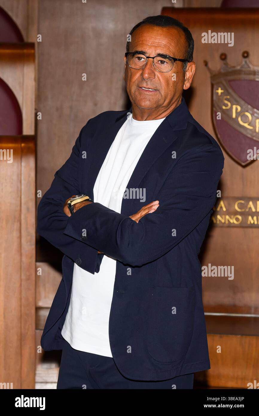 Carlo Conte waiting to attend the press conference to present TIM ...