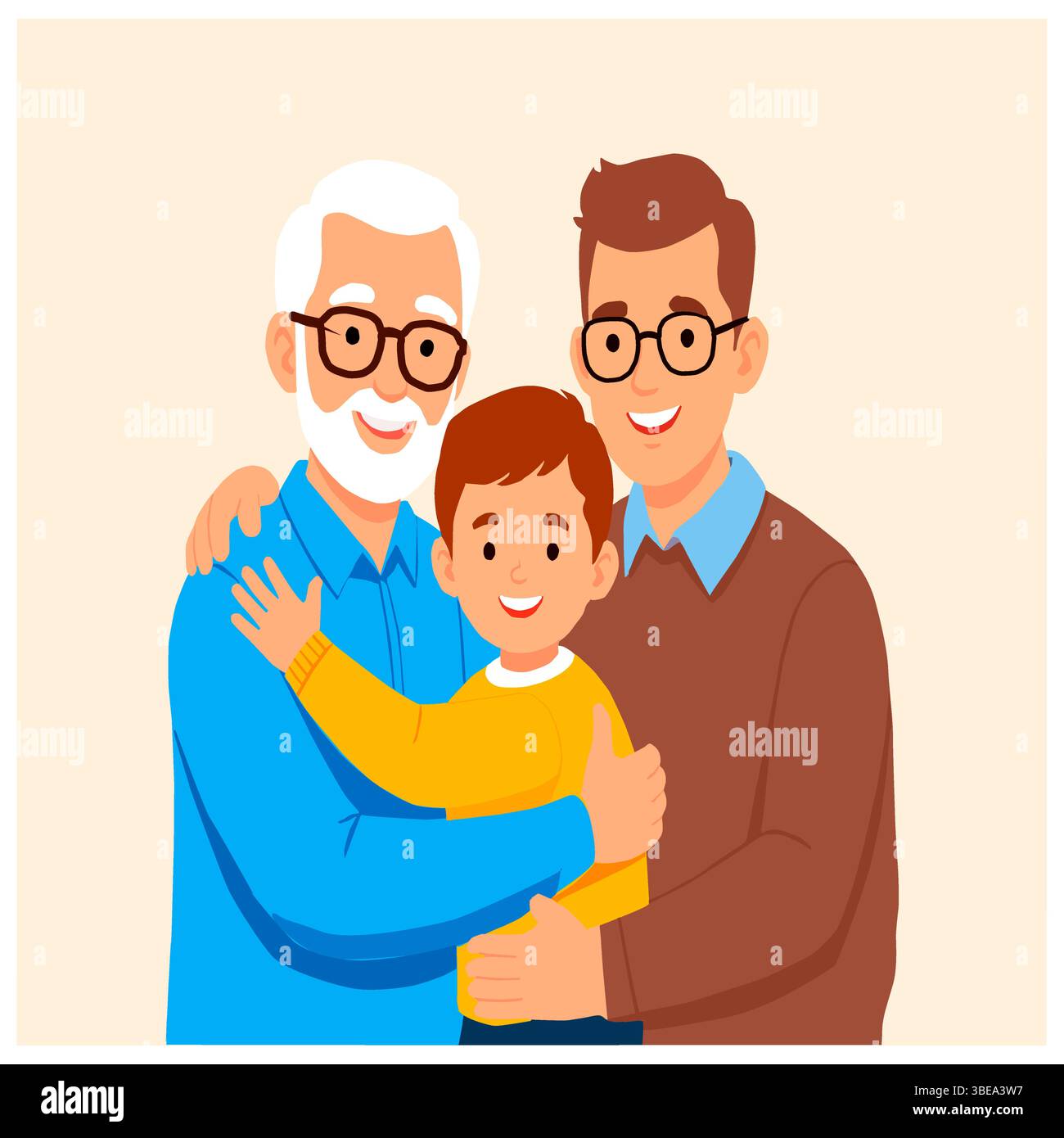 Vector illustration of three generations of a family: grandfather, father, and son hugging and ...