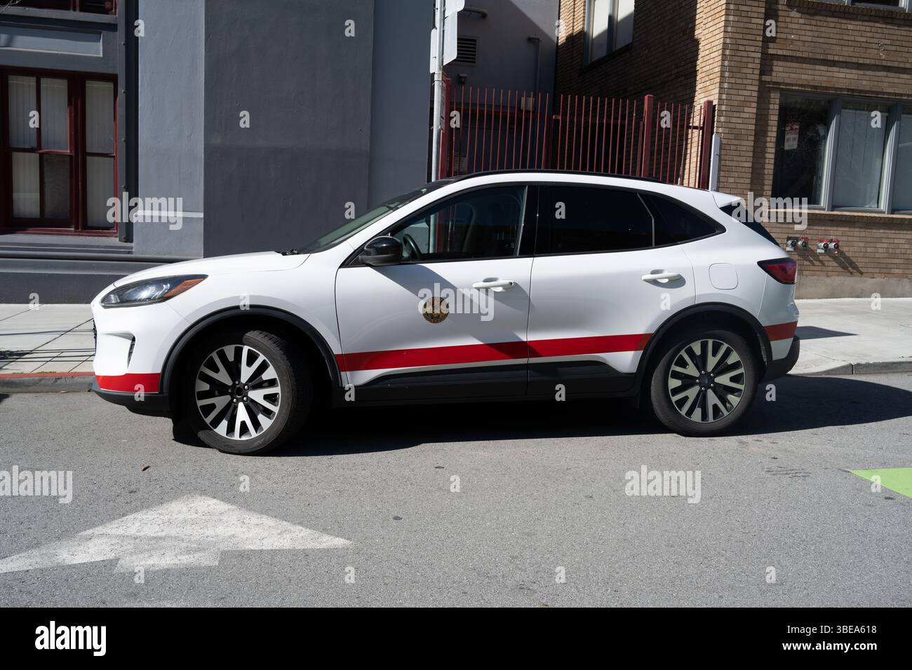 San Francisco, United States. 18th Mar, 2025. White SUV with logo for ...