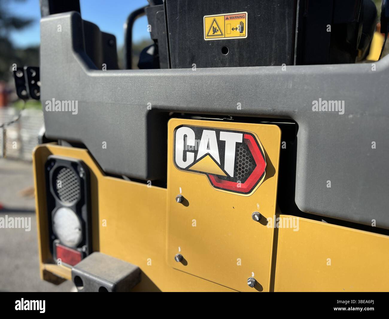 Close-up of a Caterpillar construction vehicle with its brand logo ...