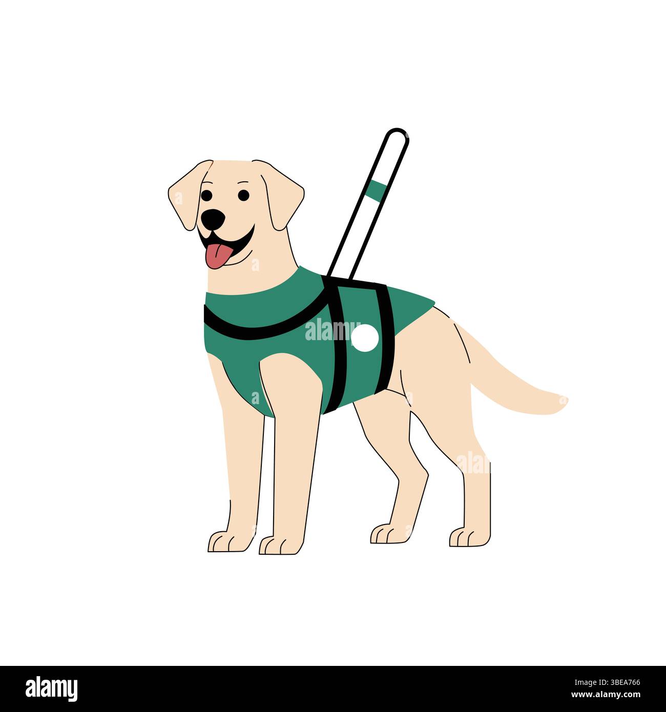 Flat illustration of a Labrador Retriever guide dog wearing a green ...