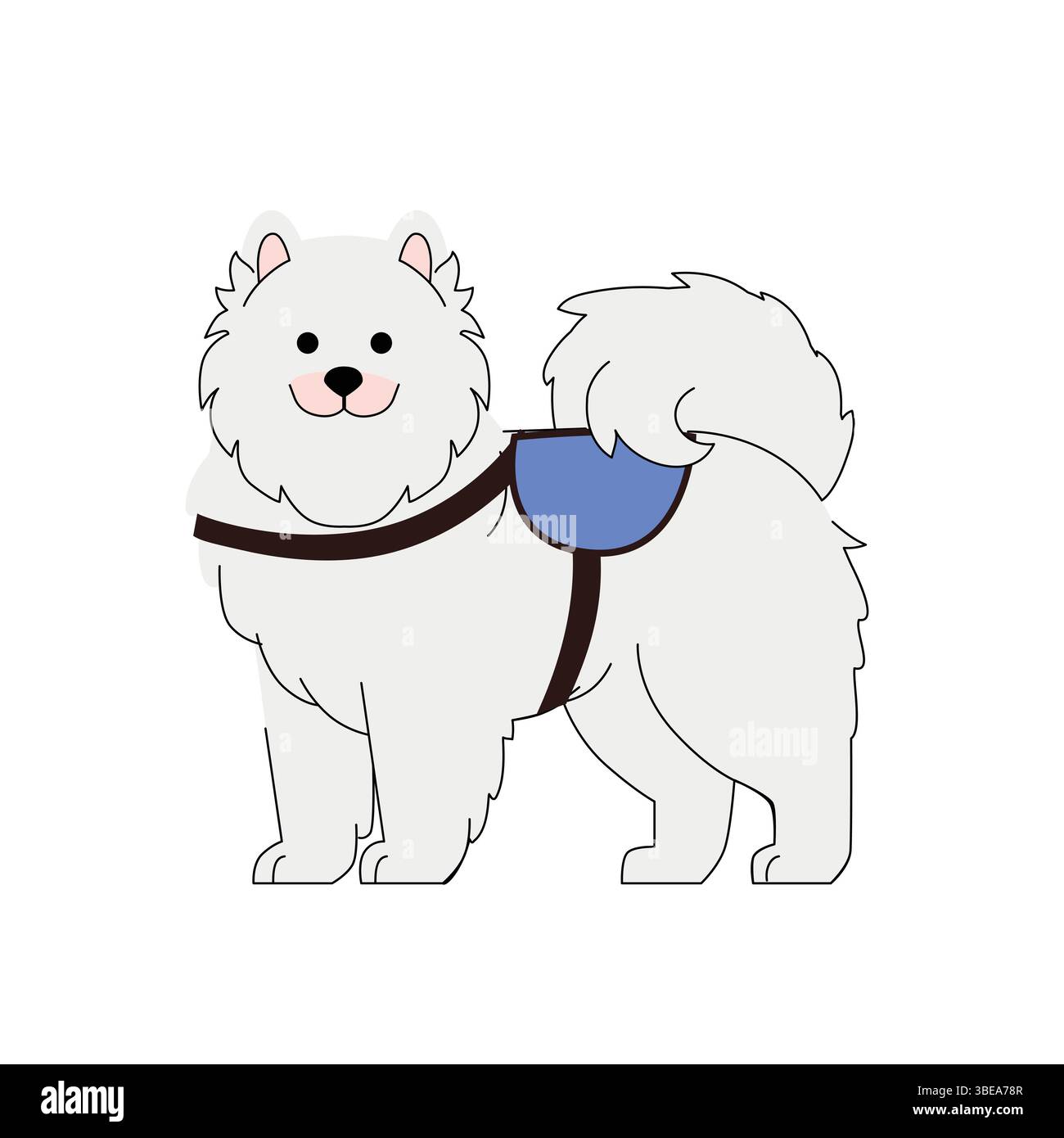 Cute flat illustration of a fluffy Samoyed dog wearing a blue service ...
