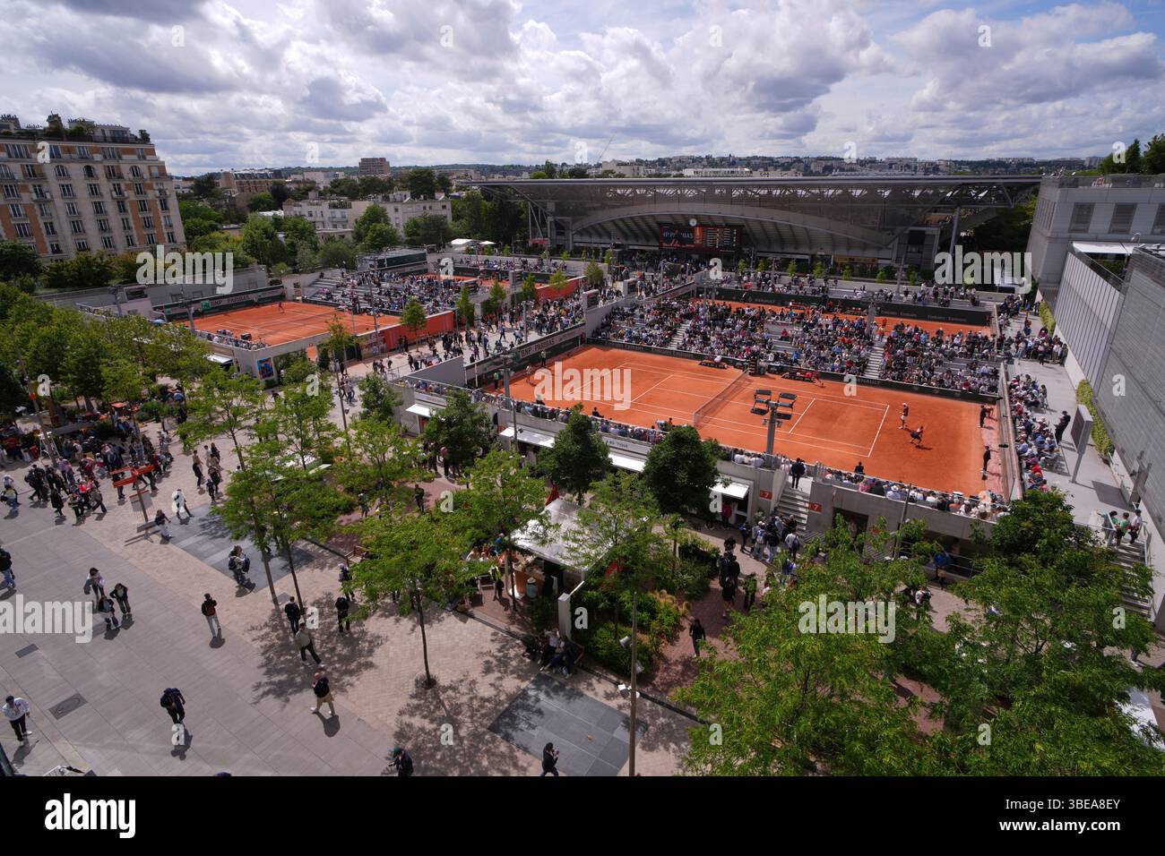 A view of the Roland-Garros stadium during the second round matches of ...