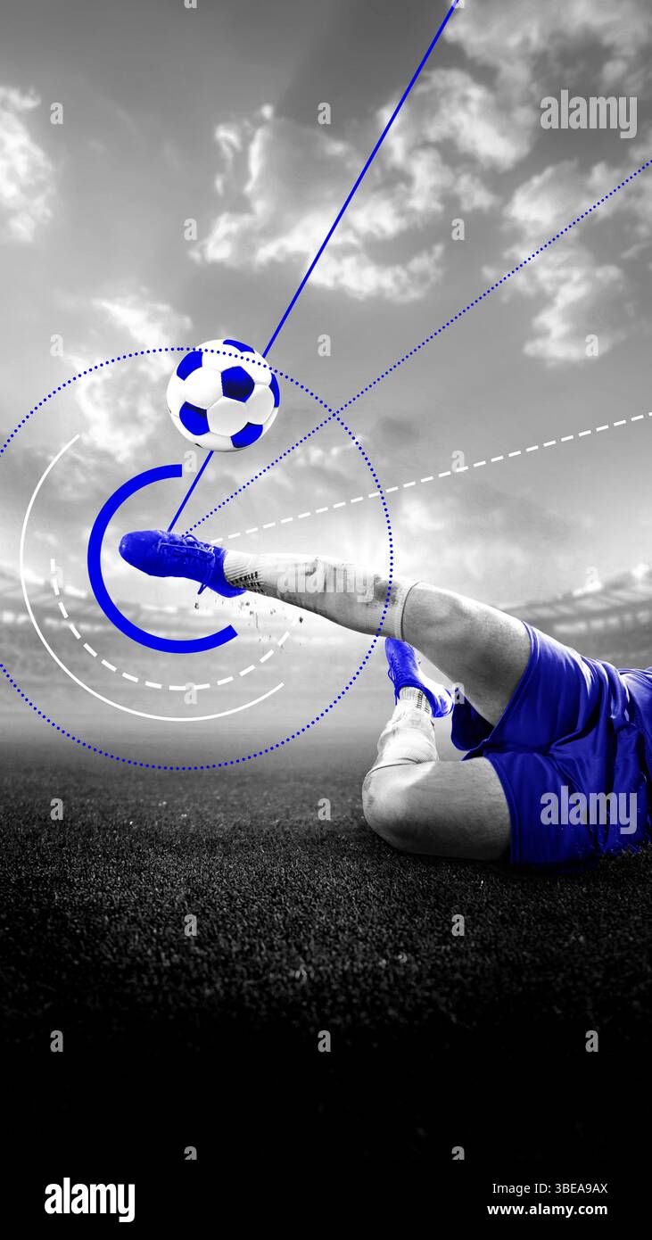 Footballer finishes powerful sliding kick under dramatic sky as digital ...