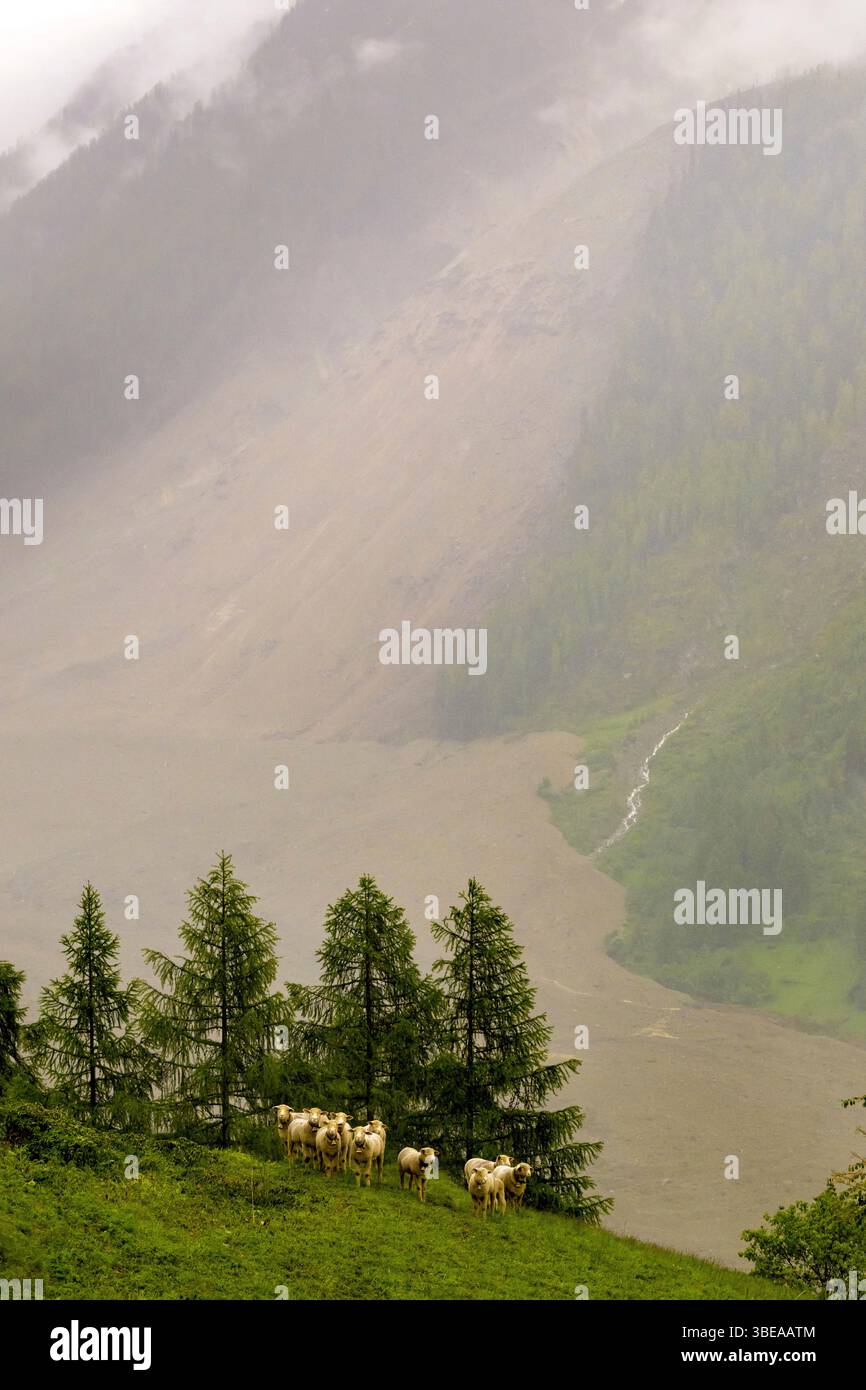 A large avalanche with a mixture of ice, rock, snow and water reach the ...