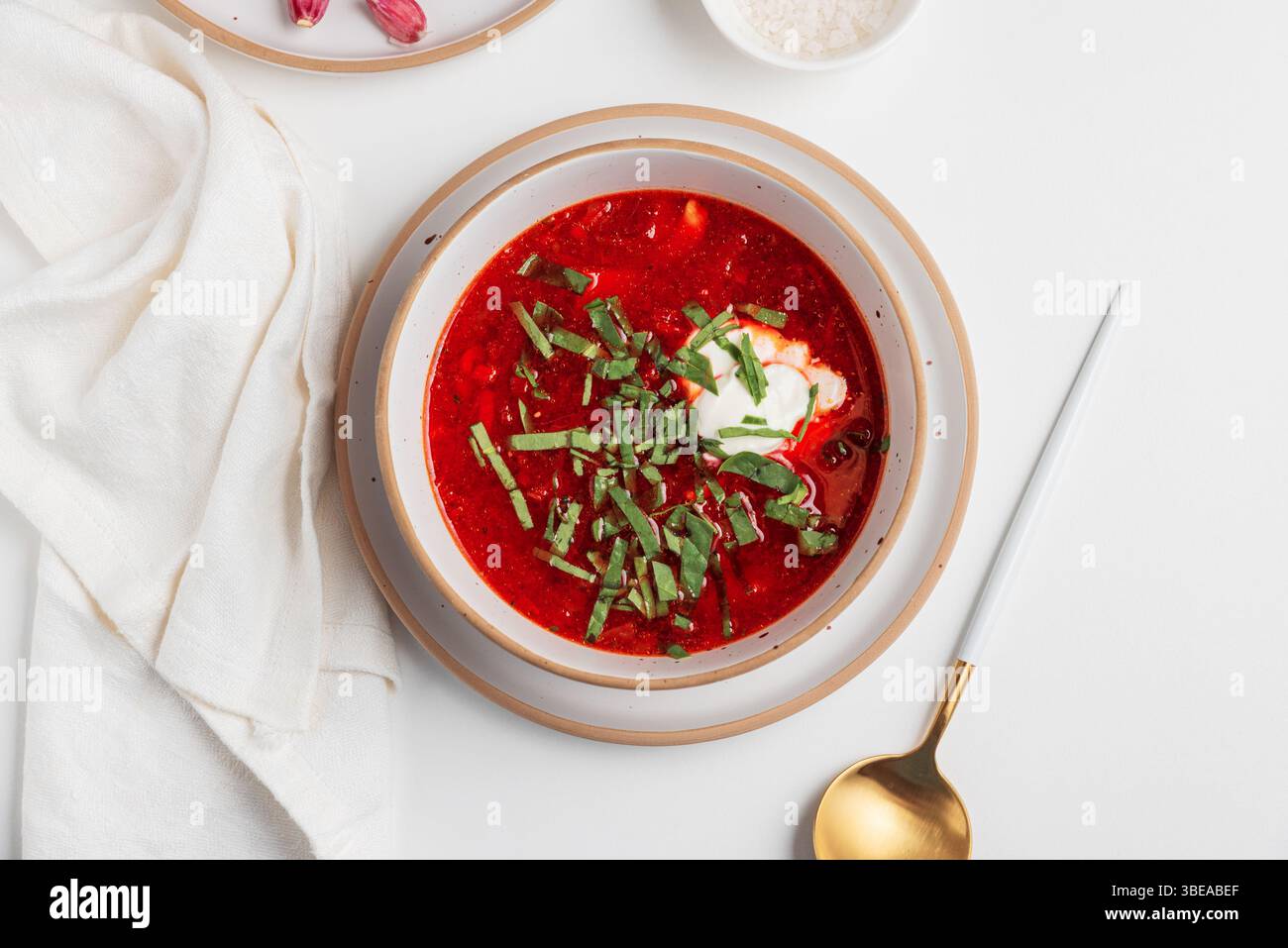 Traditional Ukrainian borscht with sour cream, garlic and rye bread on ...
