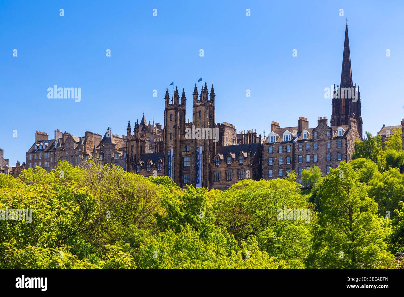 View of Assembly Hall from Princes Street Gardens in spring. Edinburgh ...