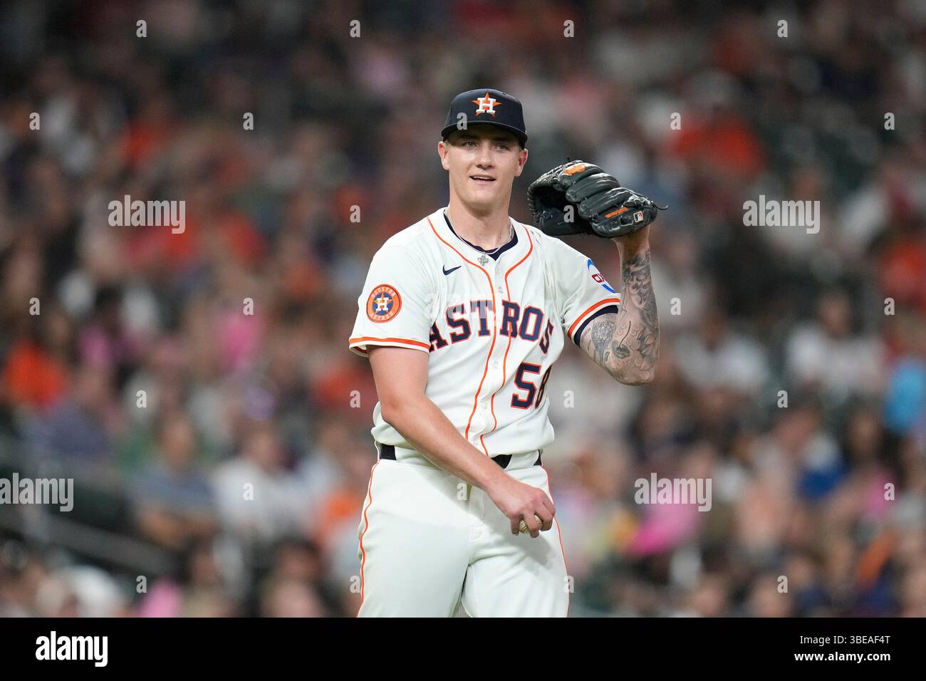 Houston Astros starting pitcher Hunter Brown (58) reacts after ...