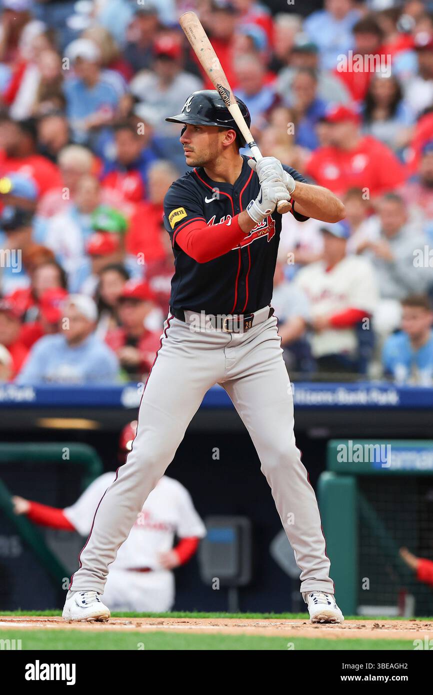 PHILADELPHIA, PA - MAY 27: Matt Olson #28 of the Atlanta Braves at bat ...