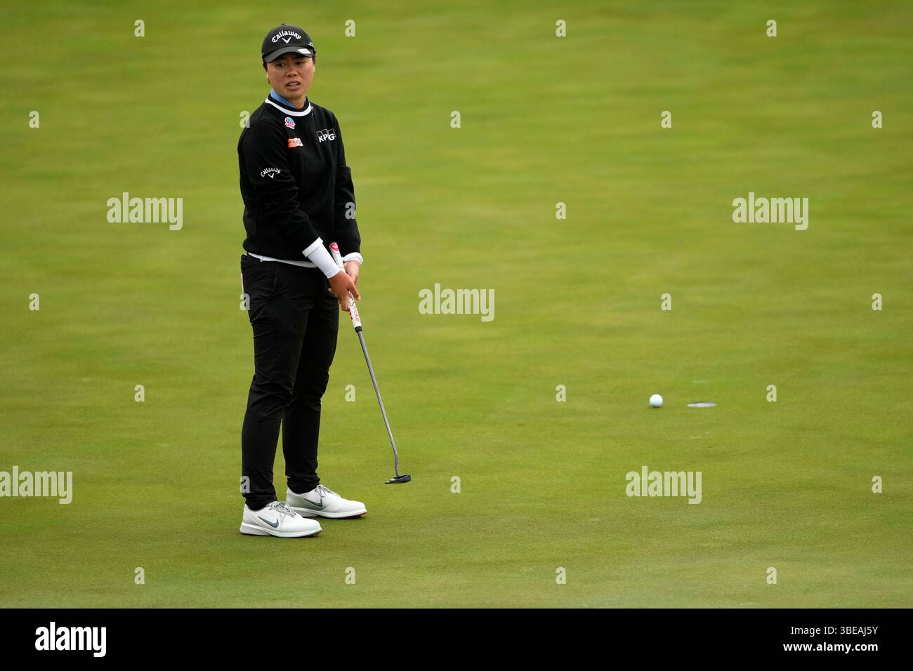 Yuka Saso, of Japan, reacts to her putt on the sixth green during a ...