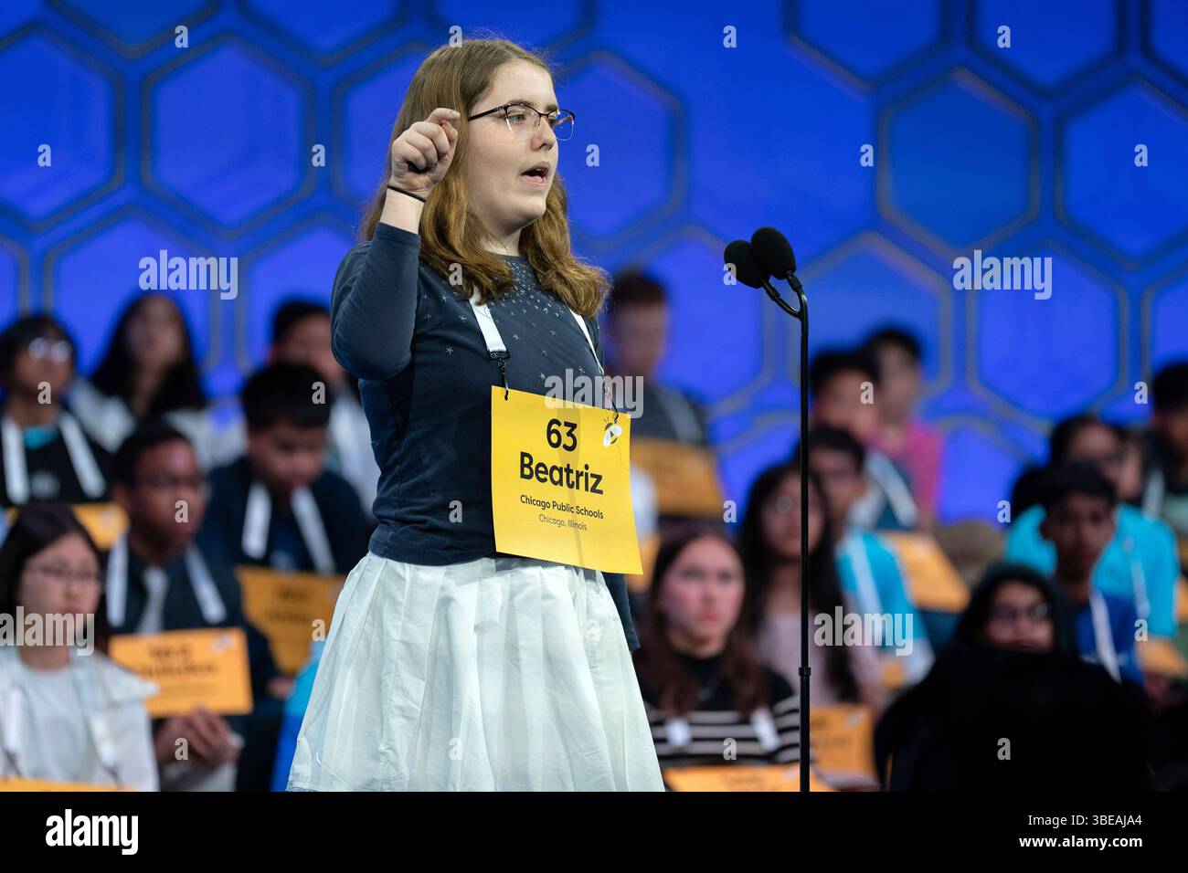 Beatriz Lucille Whitford-Rodriguez, 14, of Chicago, spells her word as ...