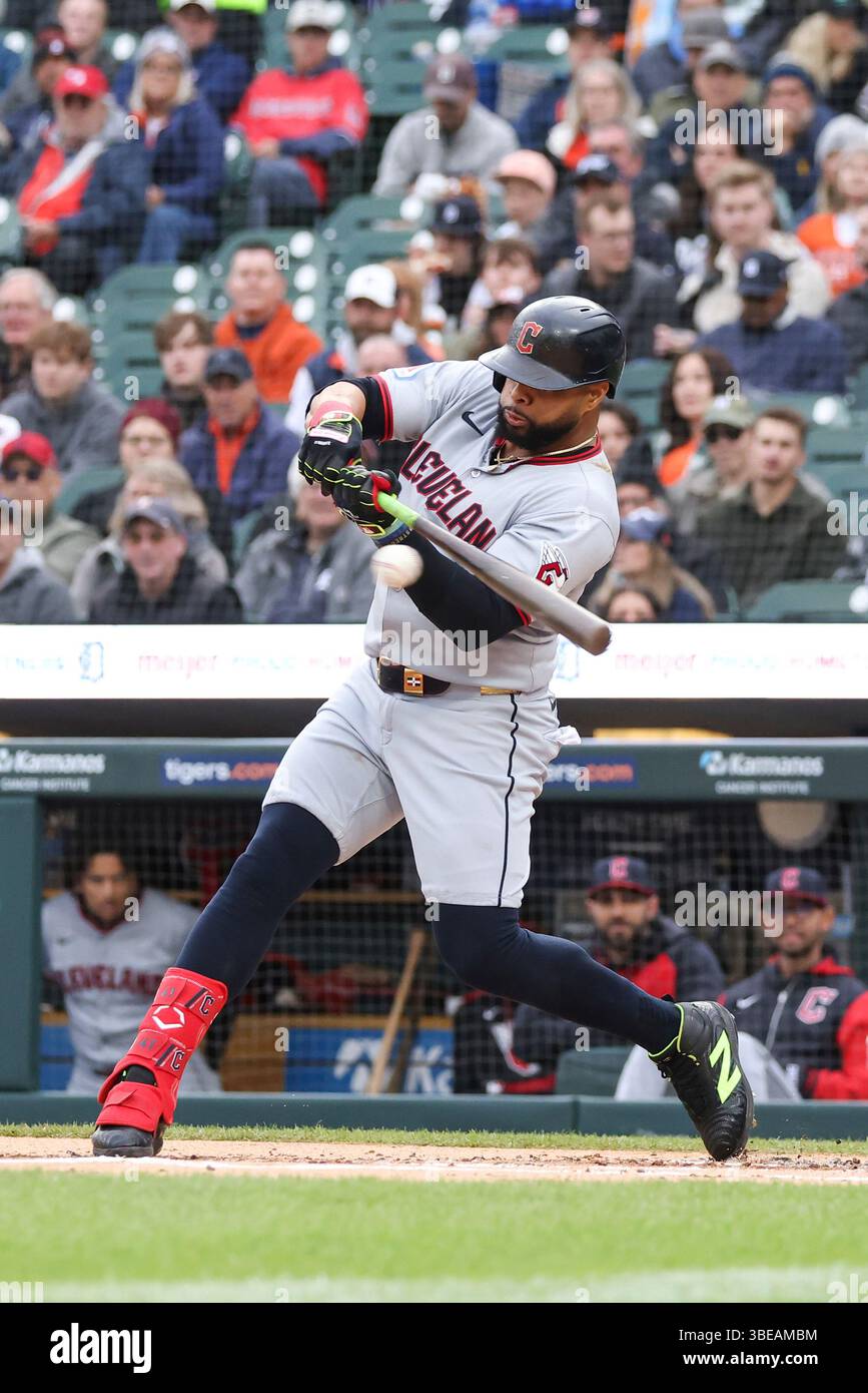 DETROIT, MI - MAY 23: Cleveland Guardians first baseman Carlos Santana ...
