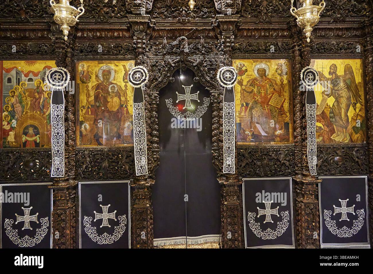 Altar wall, series of religious icons and symbols in graphic style with ...
