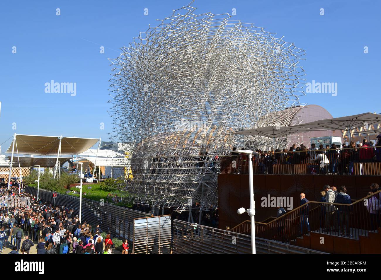 Expo Milano 2015. Panoramic view of UK pavilion metallic beehive model ...