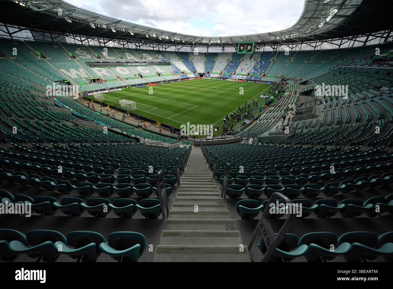 A general view of the pitch and stands ahead of the UEFA Conference ...