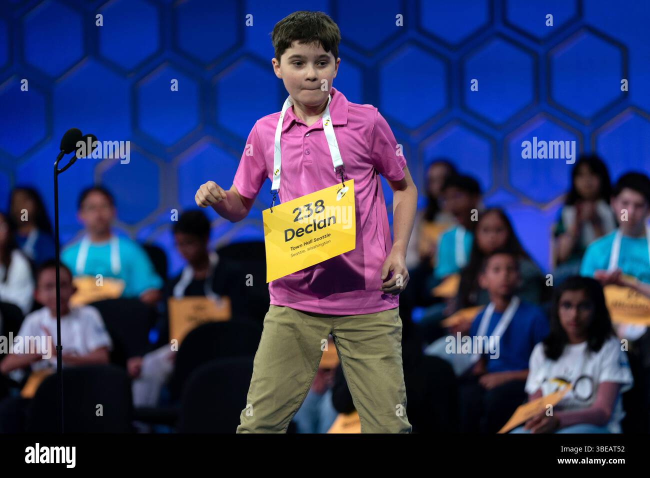 Declan Mallady, 12, of Seattle, jumps after spelling his word correctly ...