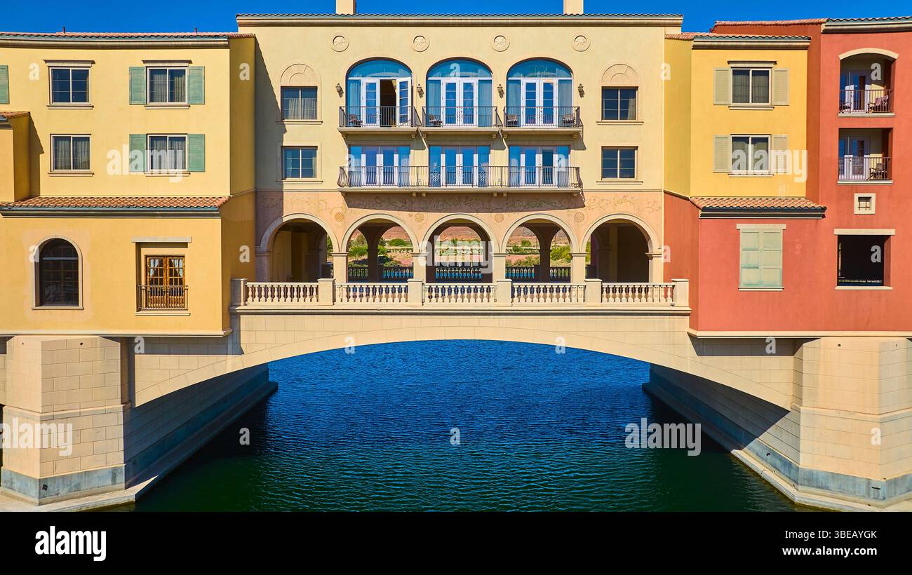 Aerial Fly Through Mediterranean Canal Bridge and Waterfront ...