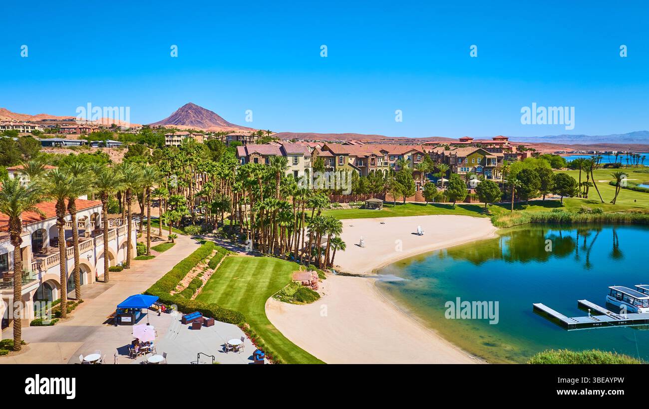 Aerial Luxury Lakeside Resort Beach and Villas with Desert Mountains ...