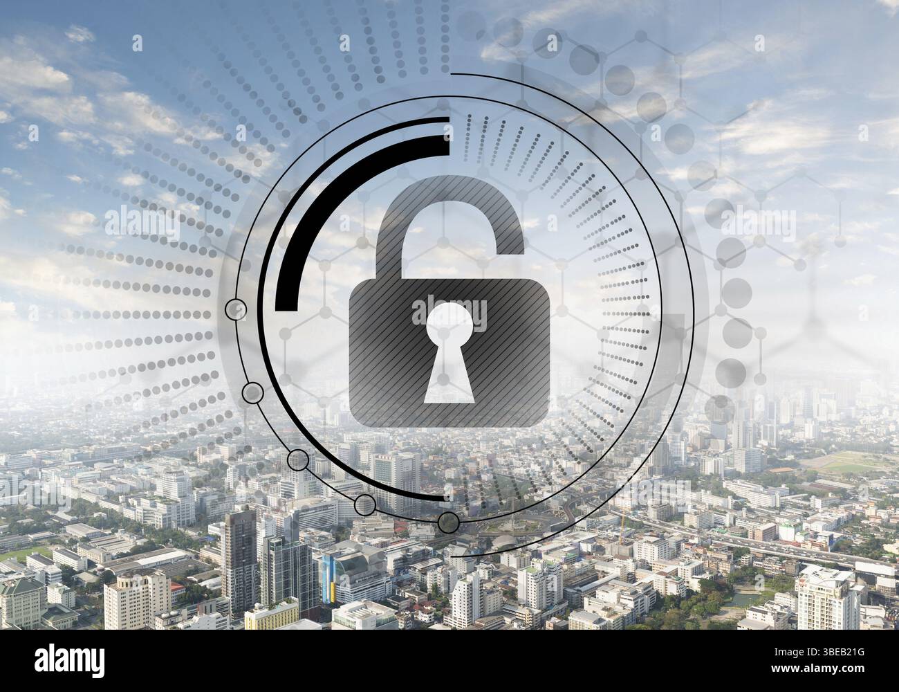 Virtual locking mechanism on background of downtown. Internet concept ...