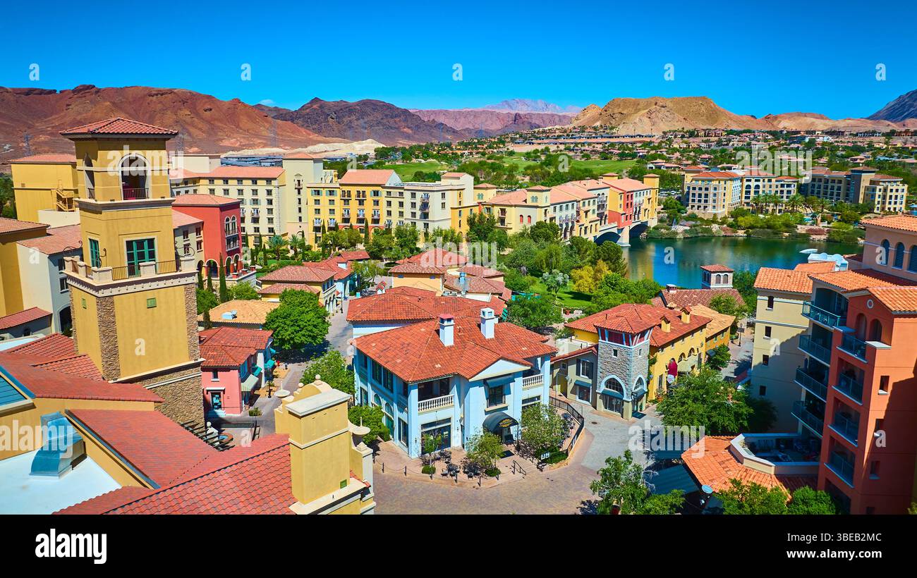 Aerial Vibrant Mediterranean Village Lake and Golf Course Resort ...