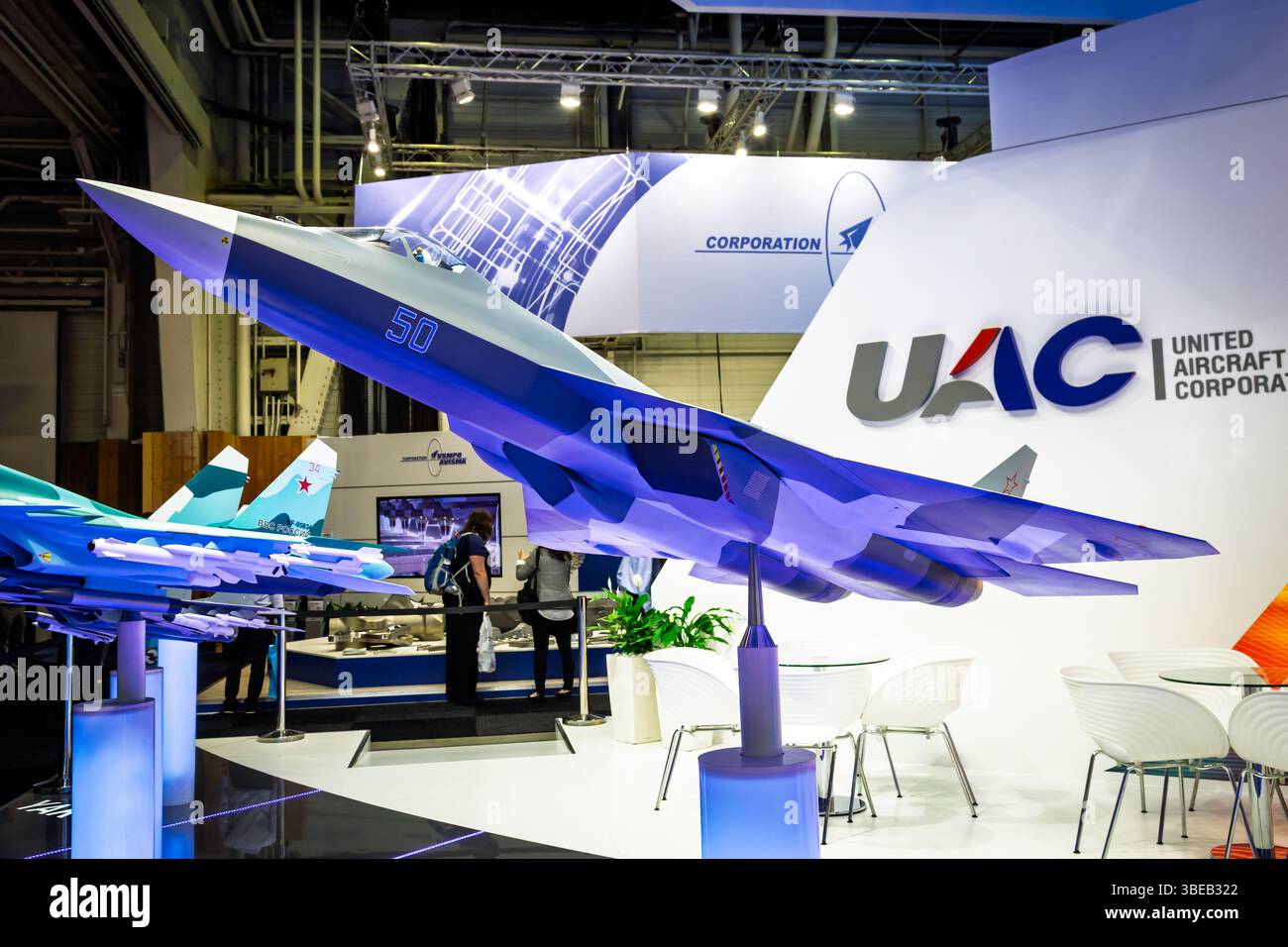 Mock-up Sukhoi Su-57 plane at a stand of the Russian United Aircraft ...