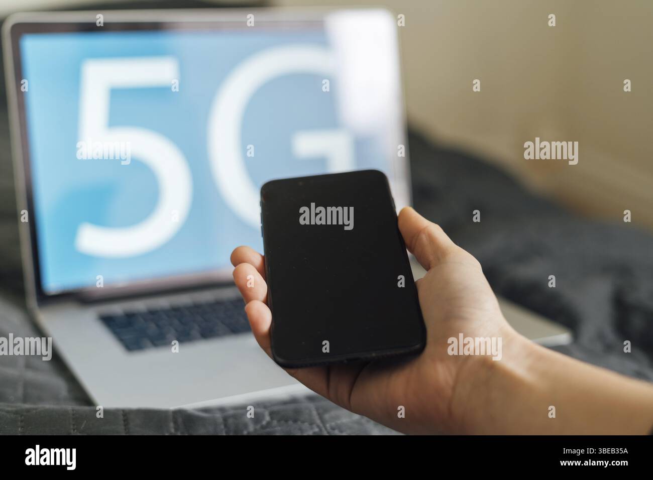 Hand with phone on the 5g background. Mockup for application. Fast ...