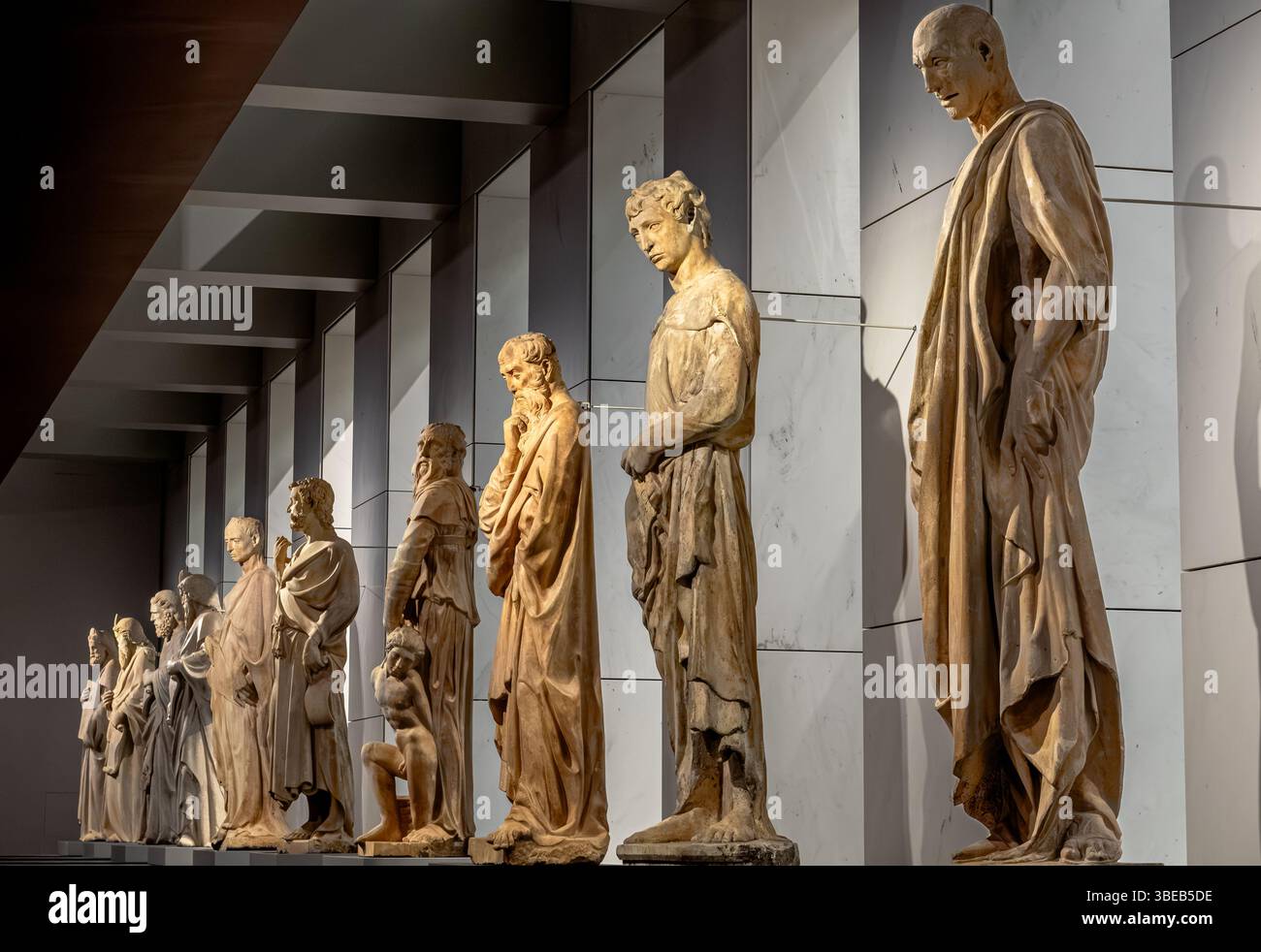 Statues lining the walls in the Galleria del Campanile in the Museo dell'Opera del Duomo ...