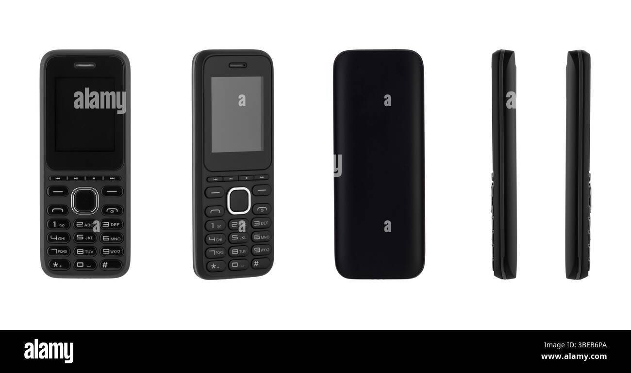 From different angles push-button mobile phone on white background ...