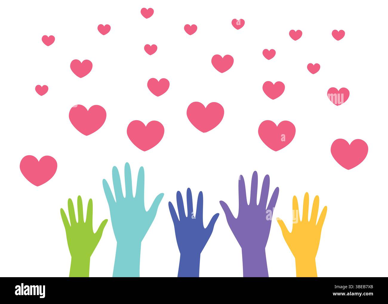 Diverse raised hands stretch upward toward floating hearts, symbolizing ...