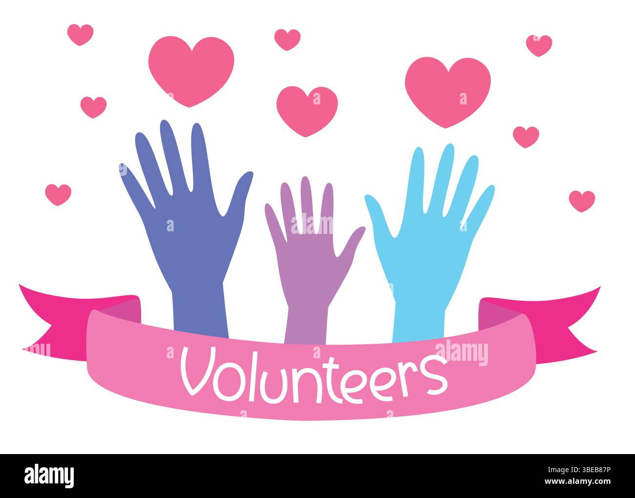 Bright volunteer illustration with raised colorful hands, pink hearts ...