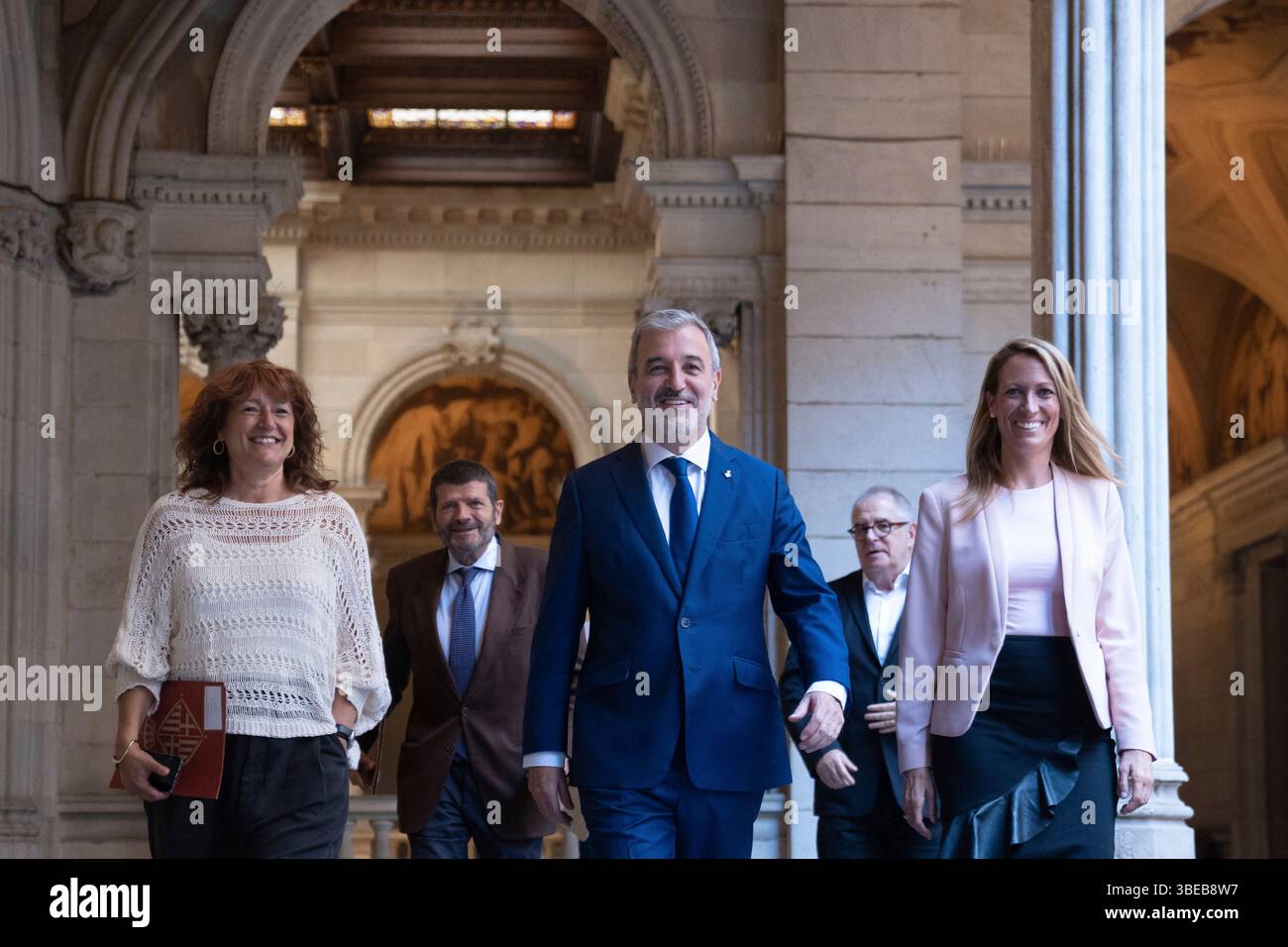 The Mayor of Barcelona, Jaume Collboni (c), on his arrival at the event ...