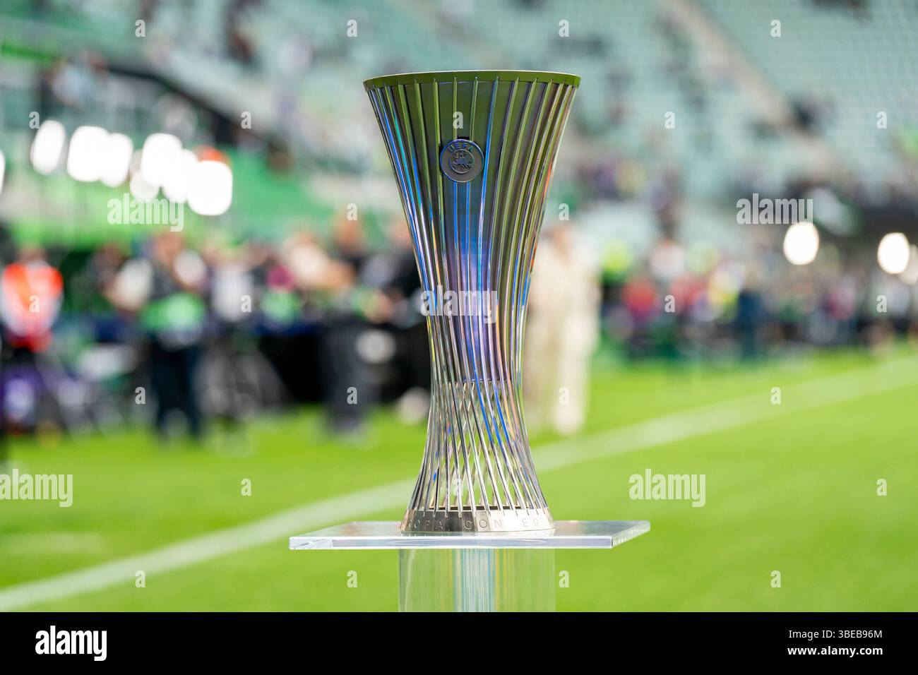 Wroclaw, Poland. 28th May, 2025. The UEFA Conference League trophy ...